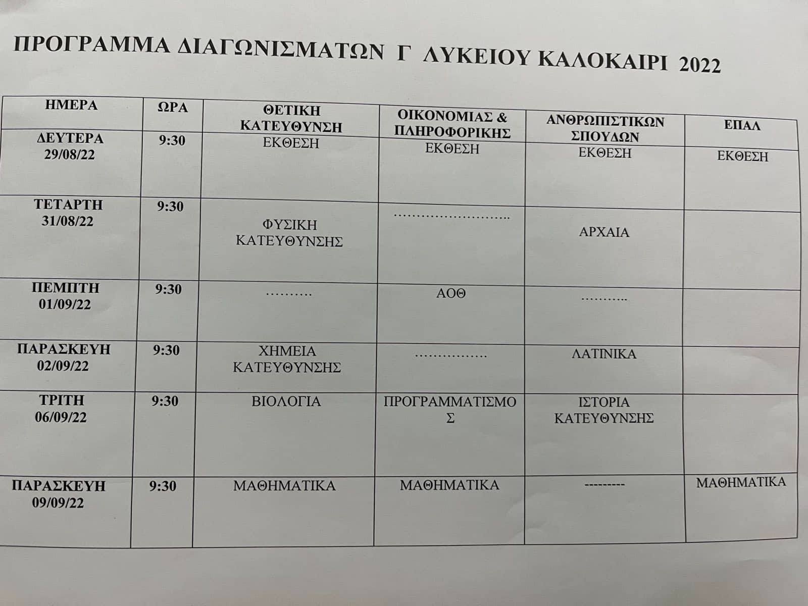 ΠΡΟΓΡΑΜΜΑ ΔΙΑΓΩΝΙΣΜΑΤΩΝ Γ’ ΛΥΚΕΙΟΥ ΚΑΛΟΚΑΙΡΙ 2022 – Φροντιστήριο μέσης ...